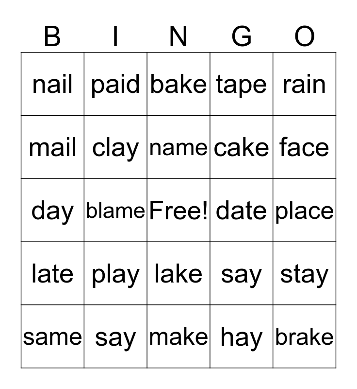 Long A Bingo Bingo Card