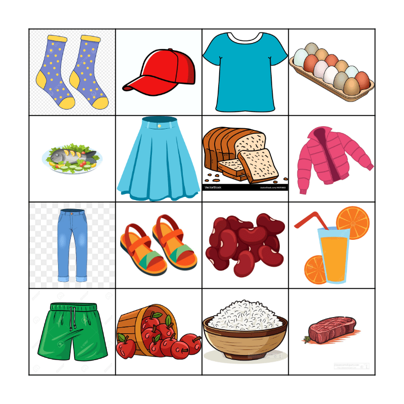 Lotería de Ropa y Comida Bingo Card