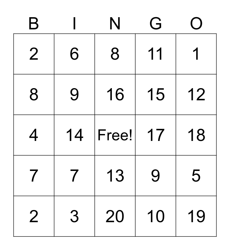 Numbers 7 to 20 Bingo Card