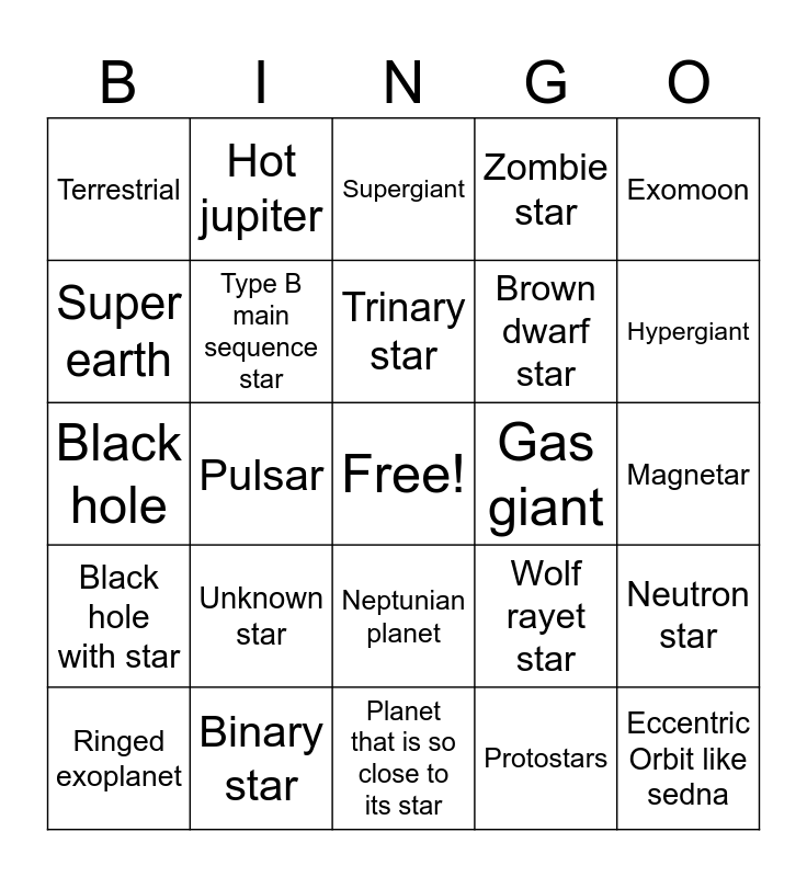 Stars and planets bingo Card