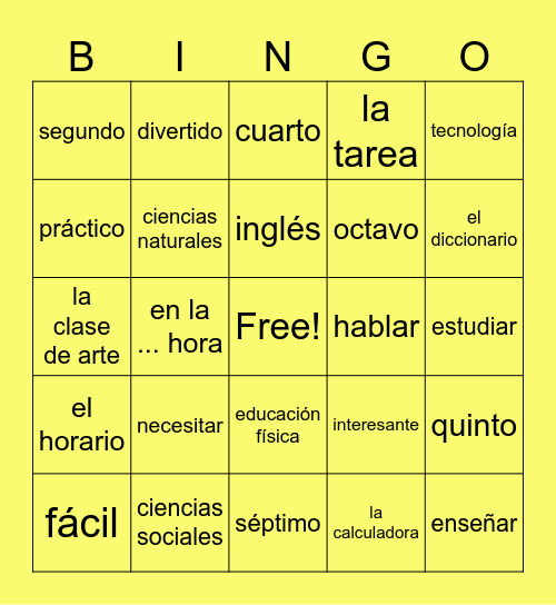 2A Vocabulary Bingo Card