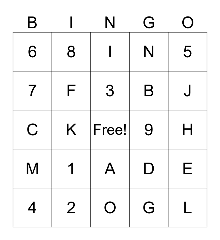 Combination Class Bingo Card