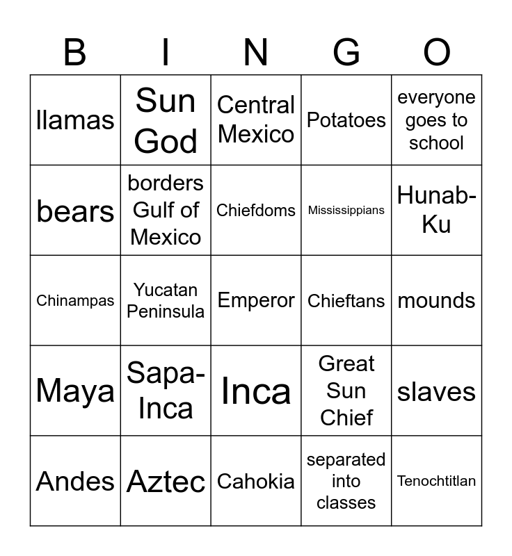 Acient Civilizations Bingo Card