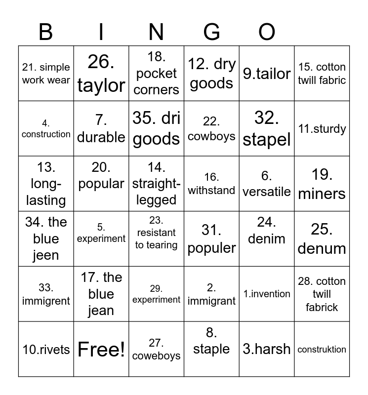 Bingo: Blue Jeans Bingo Card