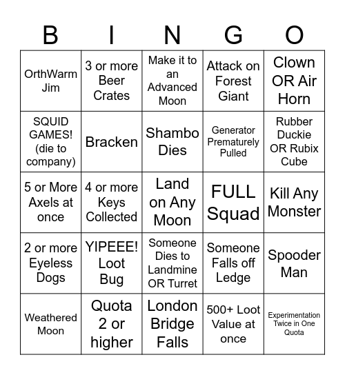 Lethal Company Bingo Card