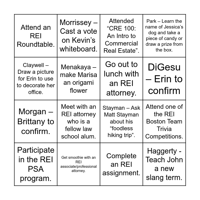 REI Boston Scavenger Bingo Card