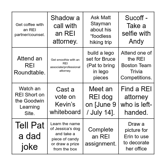 REI Boston Scavenger Bingo Card