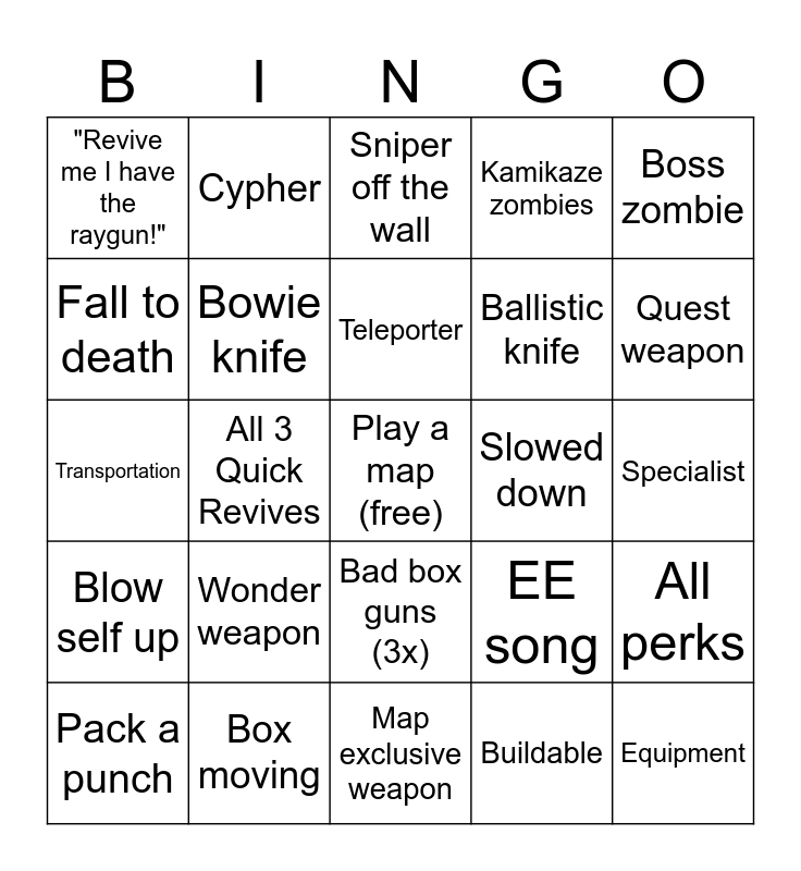 Cod zombies bingo Card