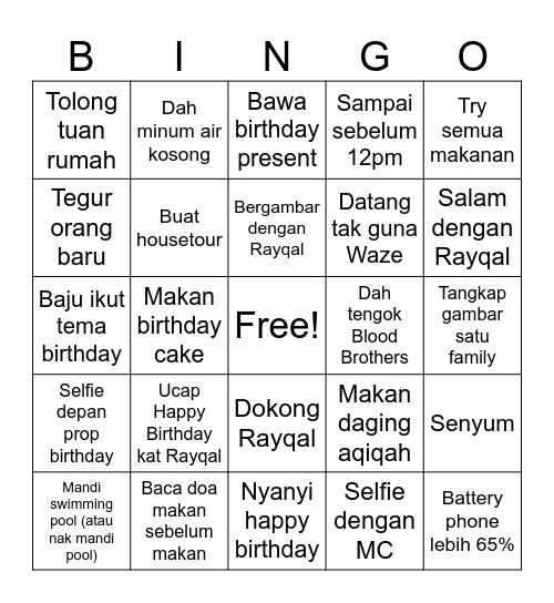 Rayqal's Birthday Bingo Card