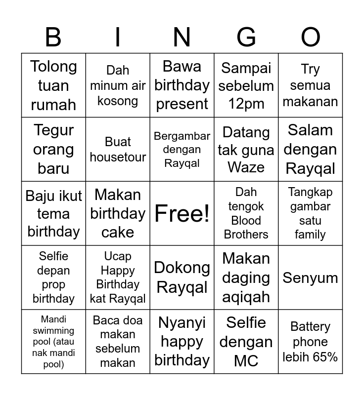Rayqal's Birthday Bingo Card