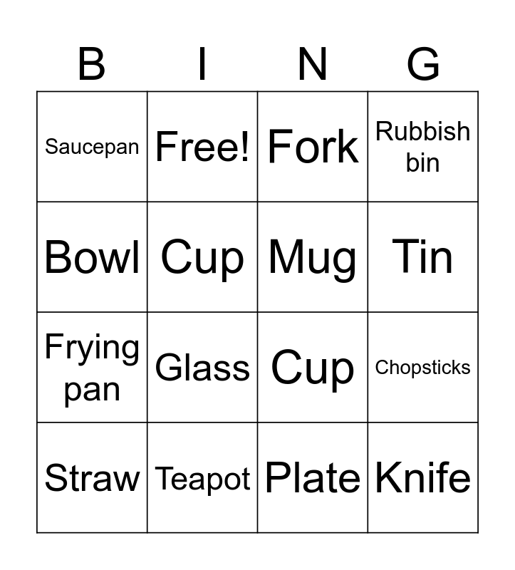 Kitchen utensils Bingo Card