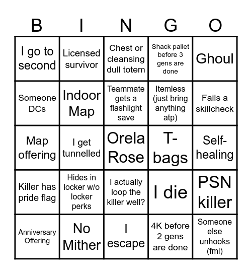DBD solo queue experience Bingo Card
