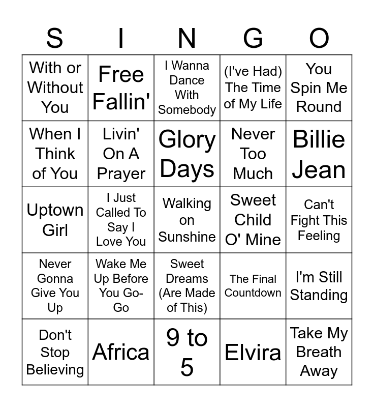 80s Singo Bingo Card