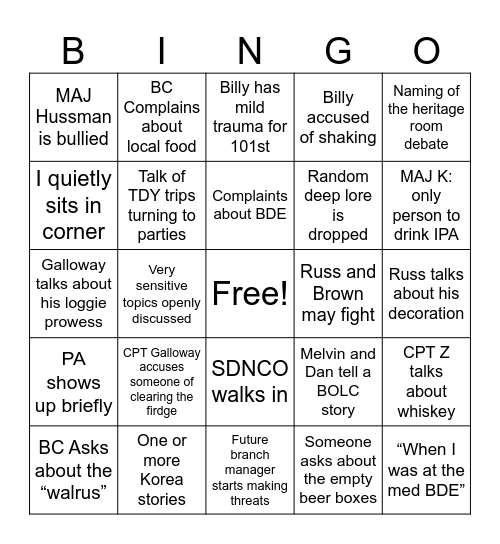 Heritage Room Bingo Card