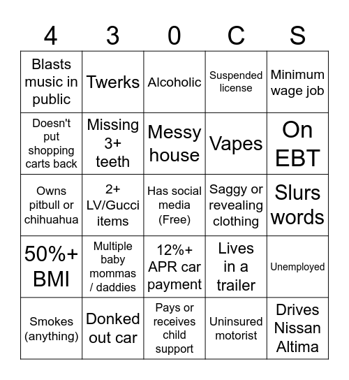 430 Credit Score Bingo Card