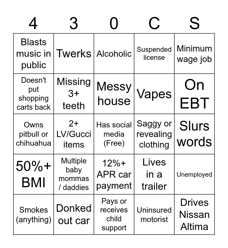 430 Credit Score Bingo Card