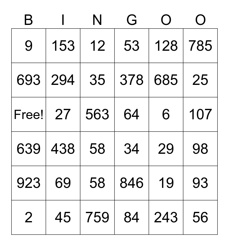 Numbers Bingo Card