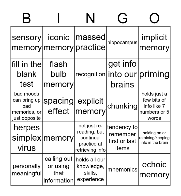 Memory Bingo Card