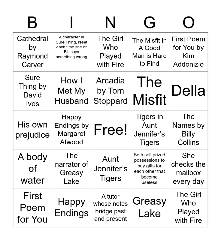 Literary Bingo Card