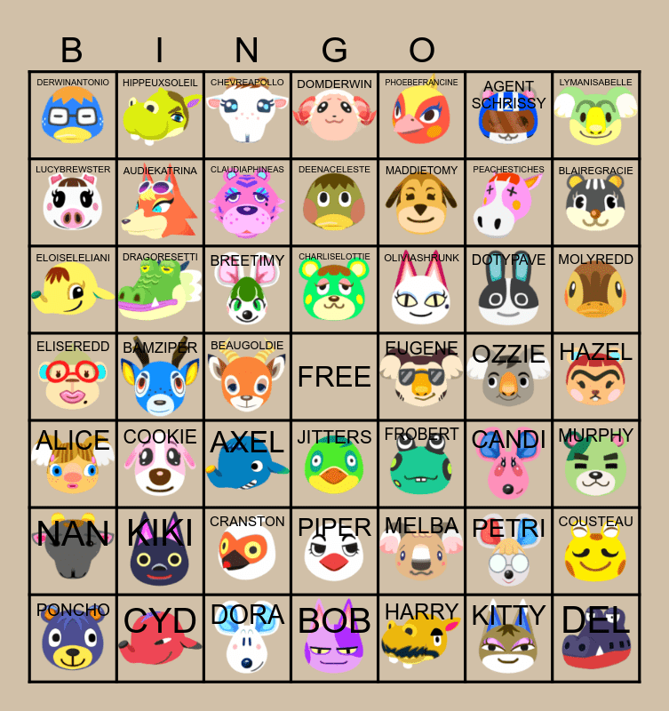 ACNH Villager Hunt Bingo Card
