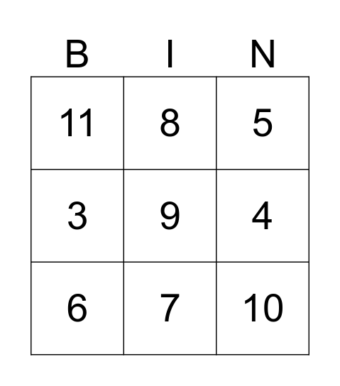 Numbers Bingo Card