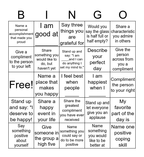 Postive Thinking Bingo Card