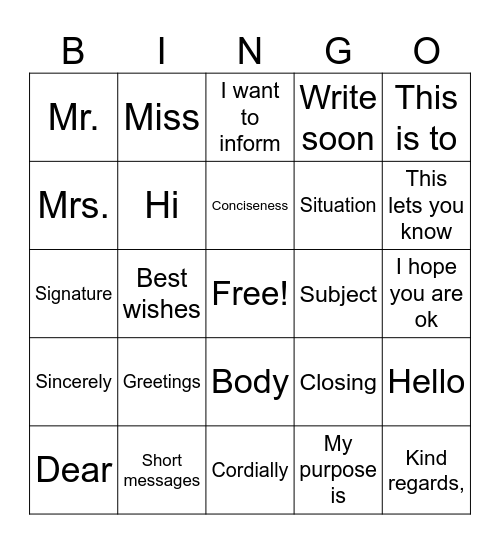email bingo Card