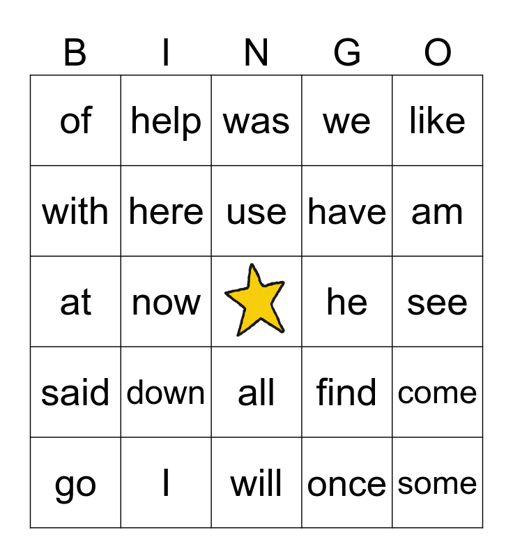 Kindergarten Sight Word Bingo Card
