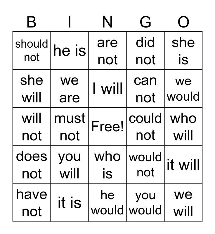 Grade 1 contractions Bingo Card