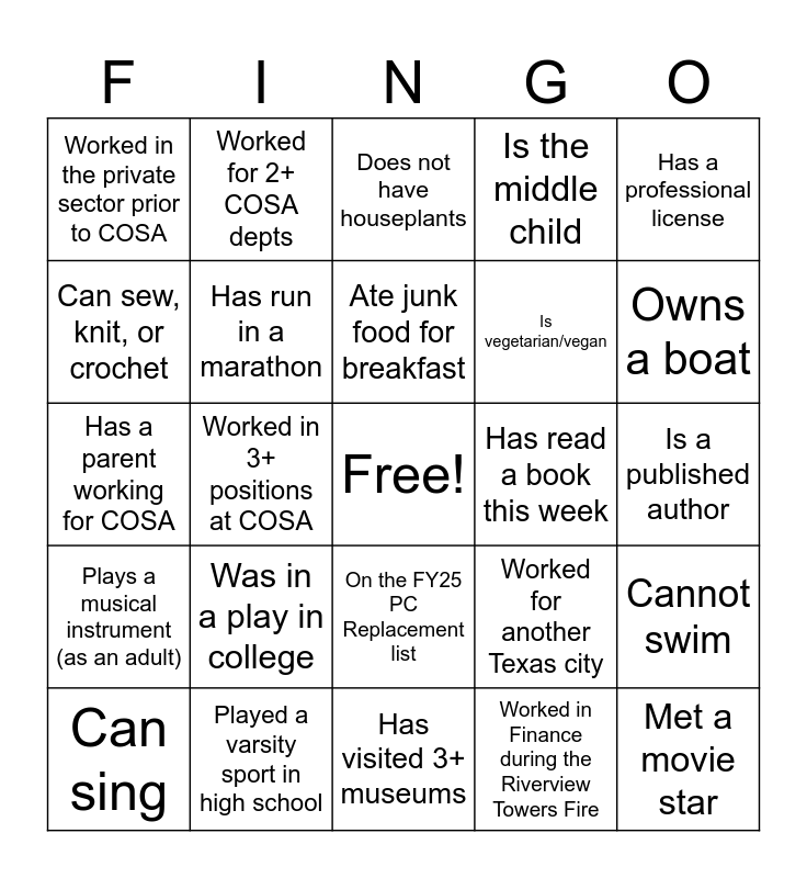 FIN-GO Bingo Card
