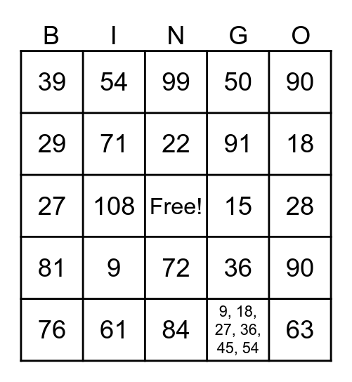 Multiples of 9 Bingo Card
