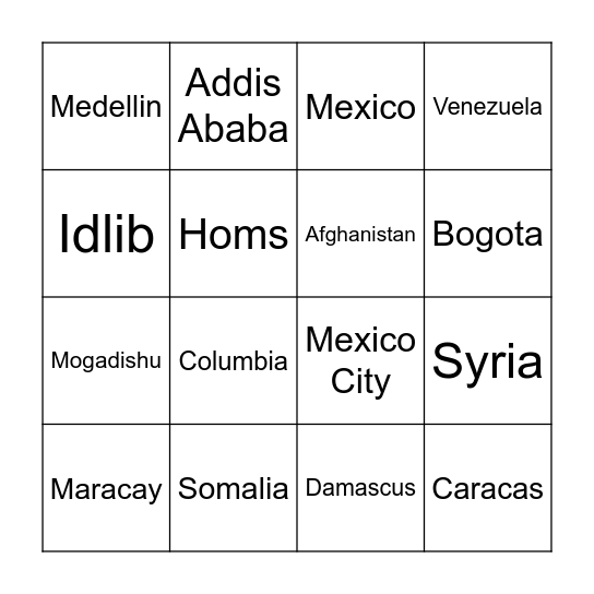 Countries and Cities Bingo Card