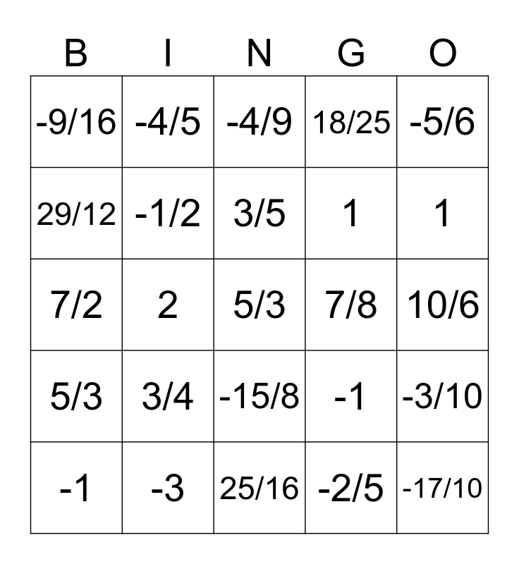 Rational Numbers Bingo! Bingo Card