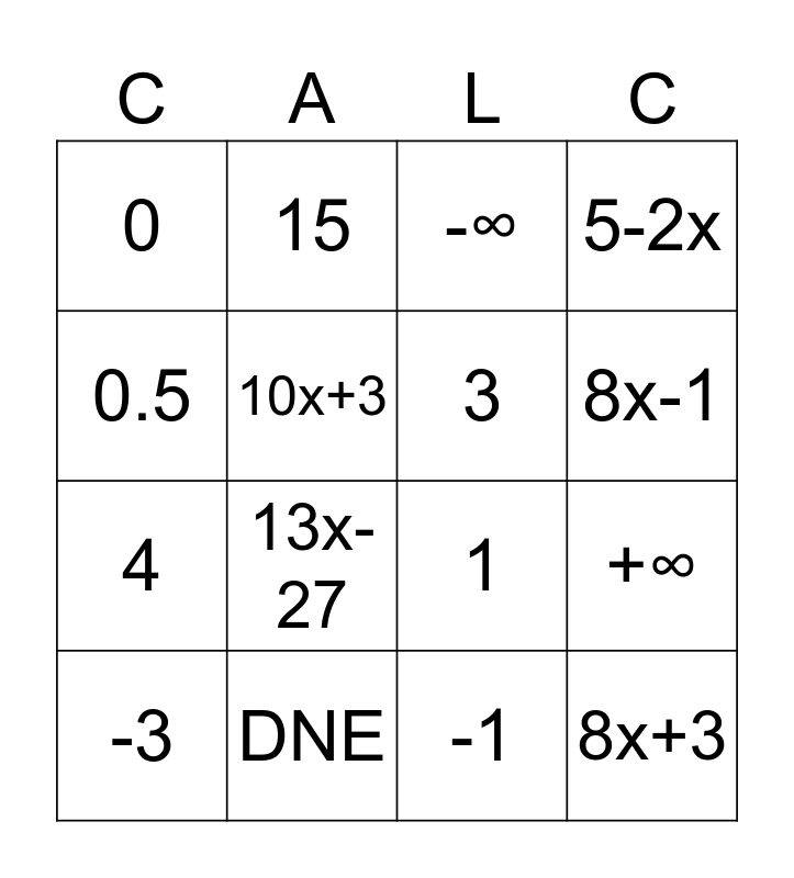 Intro To Calculus Bingo Card