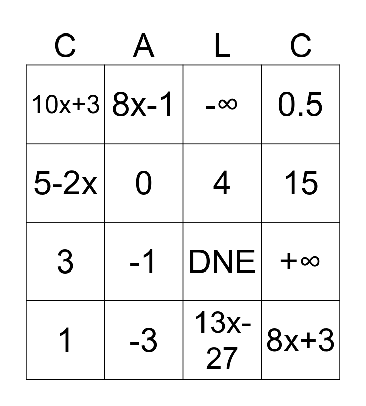 Intro To Calculus Bingo Card