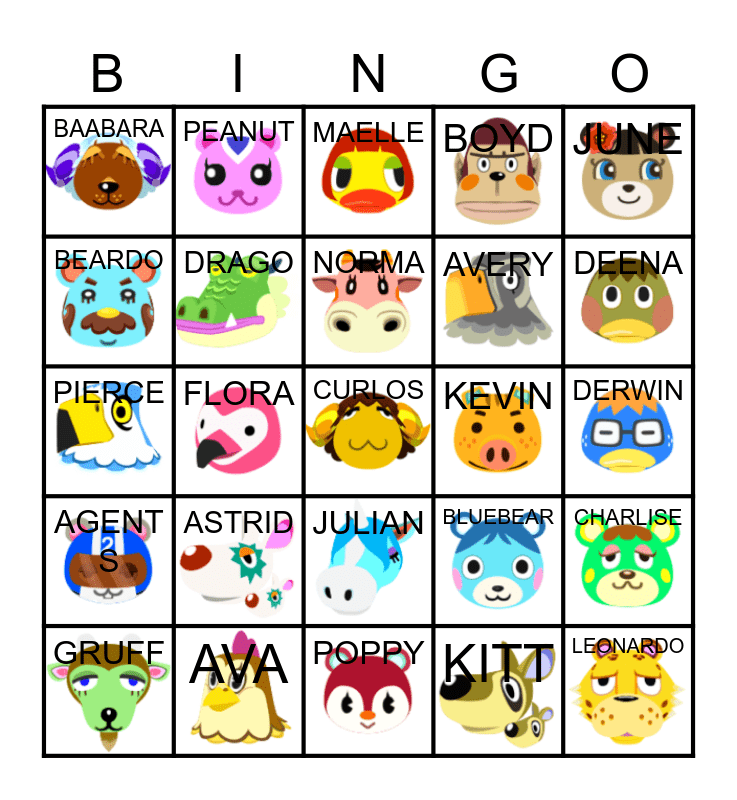 ACNH Villager Hunt Bingo Card