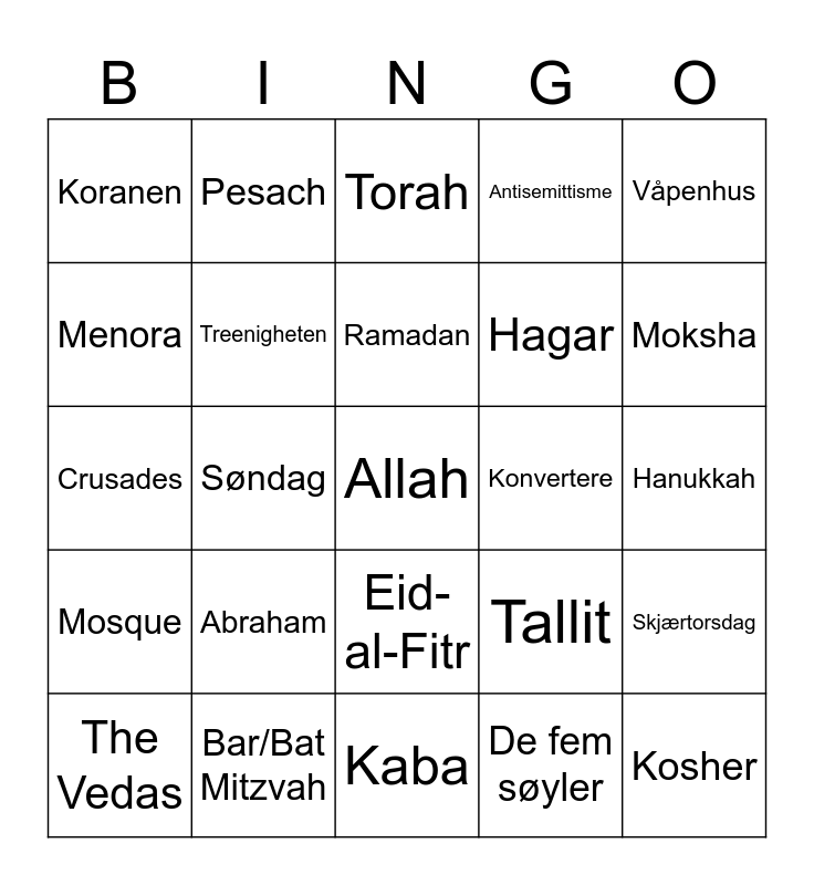 World Religions Bingo Card