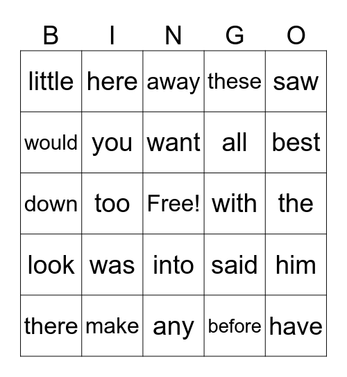 1st 100 Fast Words Bingo Card
