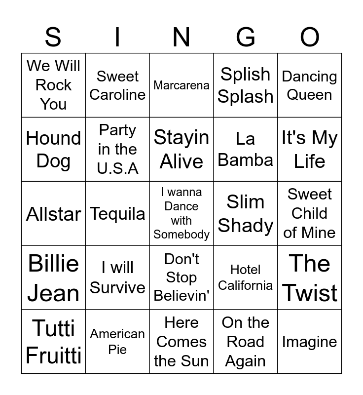Music Singo Bingo Card