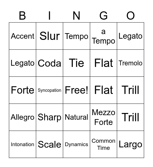 Orchestra Bingo Card
