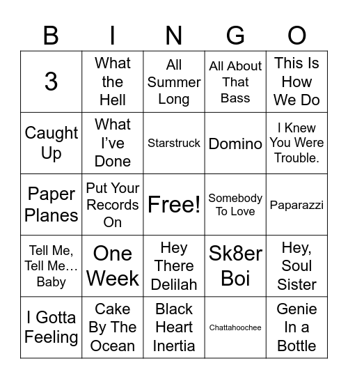 2000s Music Bingo Round #2 Bingo Card