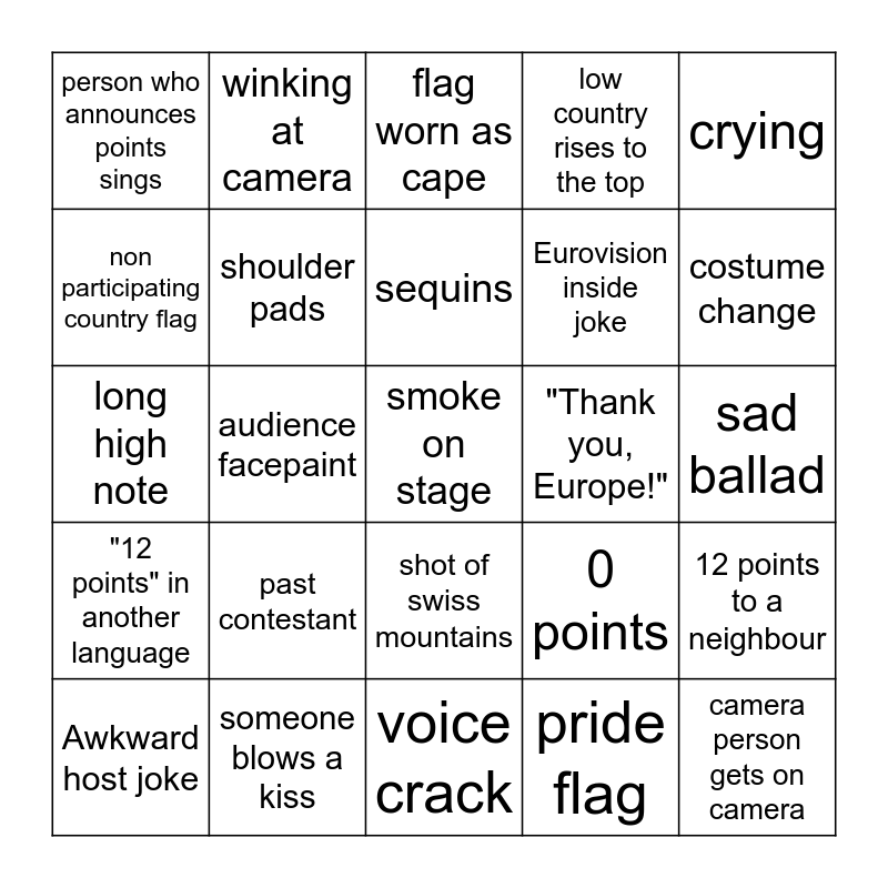 Semi-final 1 Bingo 2025 Bingo Card