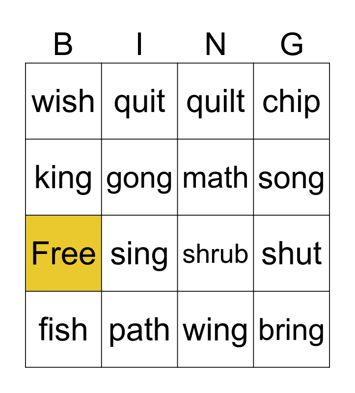 Digraph Bingo Card