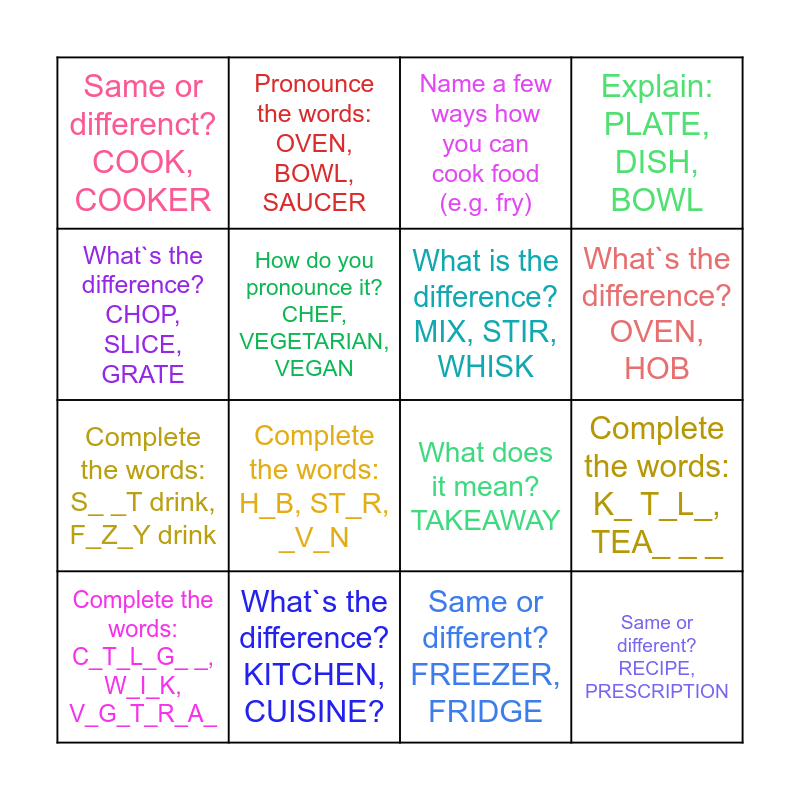 Contrast, U16 Bingo Card