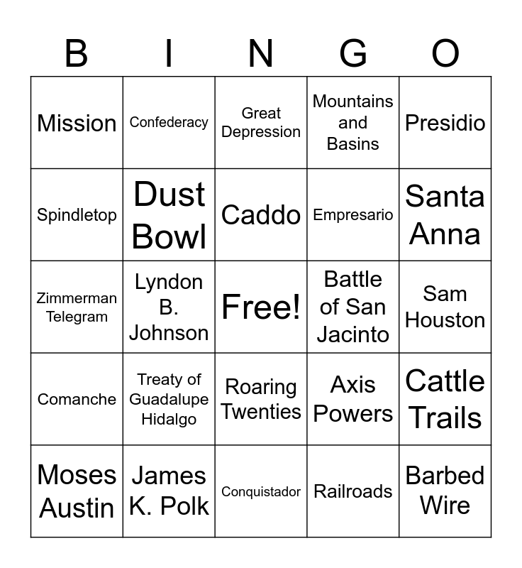 Texas History BINGO – Card 1 Bingo Card