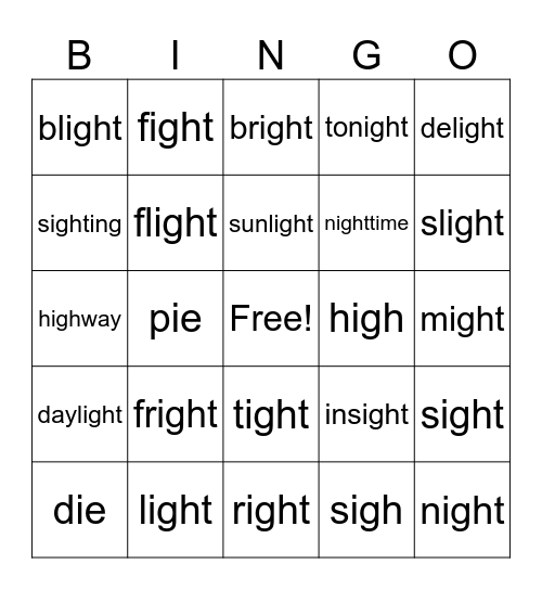 Long Vowel Teams ie, igh Bingo Card