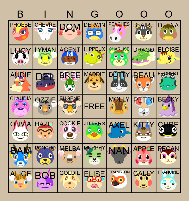 ACNH Villager Hunt Bingo Card