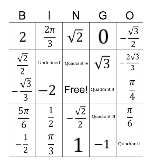 Unit Circle Bingo Card
