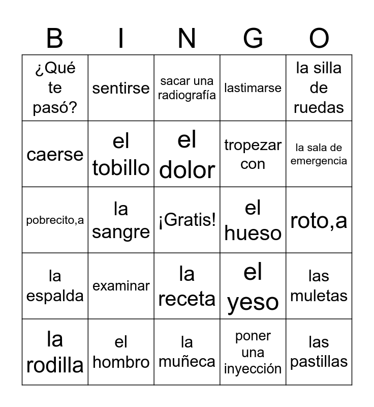 Realidades 2 5B Bingo Card