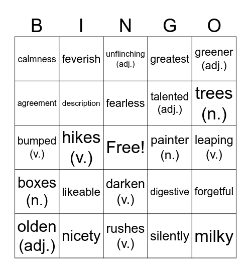 Suffixes Bingo Card